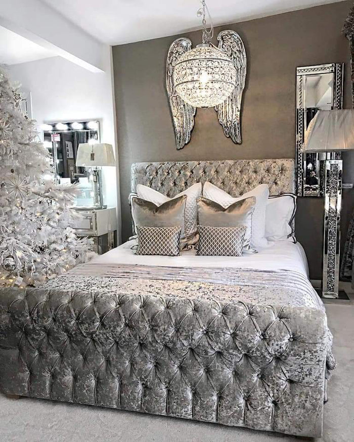 Dicaprio Sleigh Crushed Velvet Bedframe beds sofas dining sets chairs mirrors